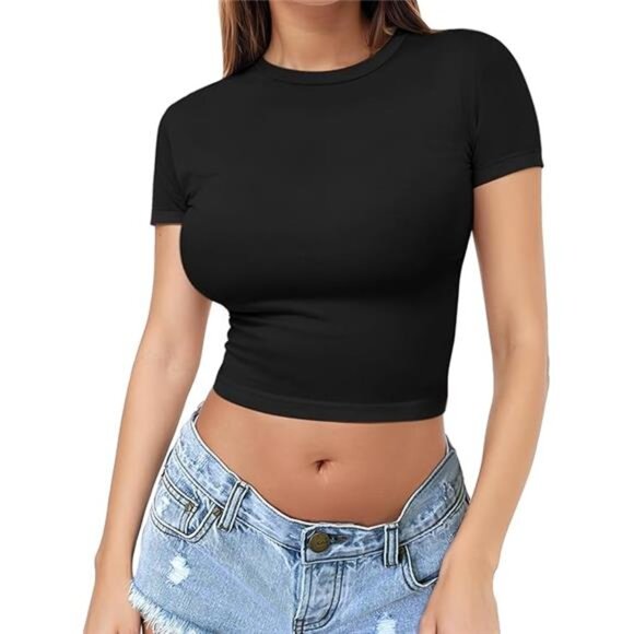 Tops | Womens Short Sleeve Crop Top Crew Neck Y2k Shirt Sexy Slim ...